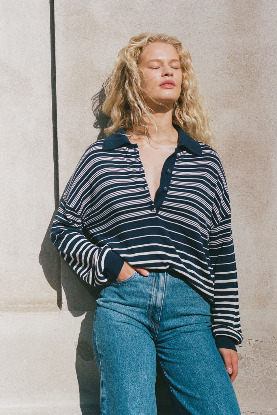 Harlow Polo Scandi Stripe Navy Cream - Faithfull the Brand AU